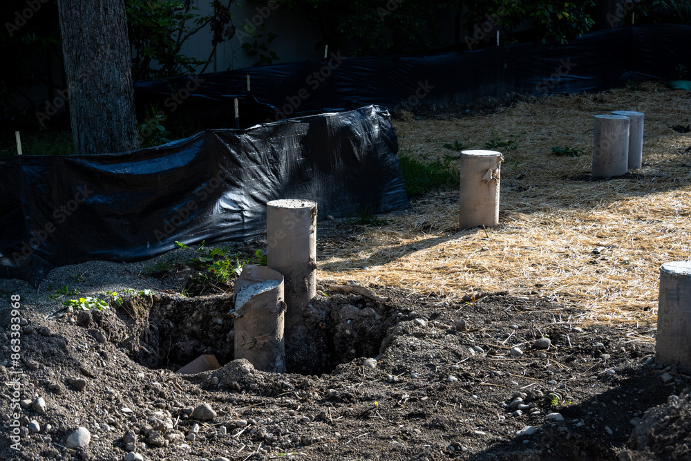Beginnings of foundation in new home construction, round poured ...