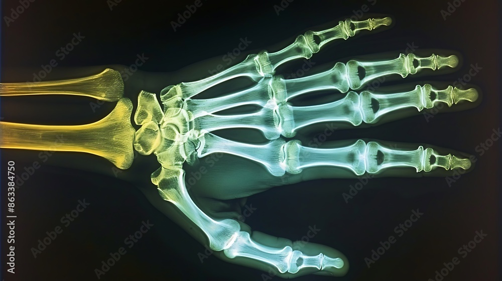 Radiographic image showing the skeletal structure of the hand rigorous ...
