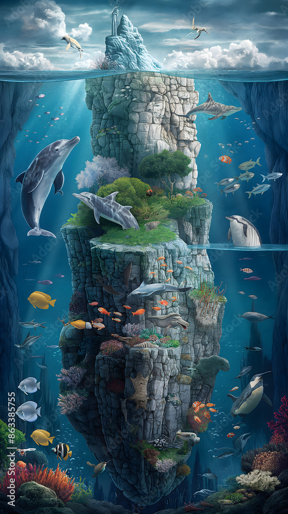 Isometric cube profile map ocean, marine animals such as dolphins ...