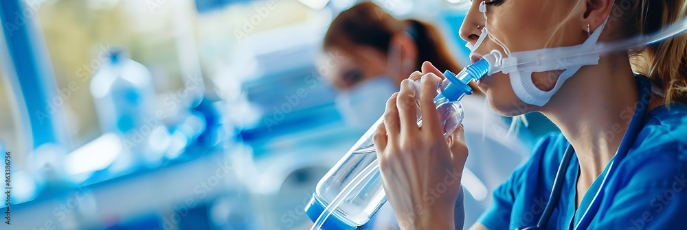 Respiratory therapist administering oxygen therapy to a patient in the ...