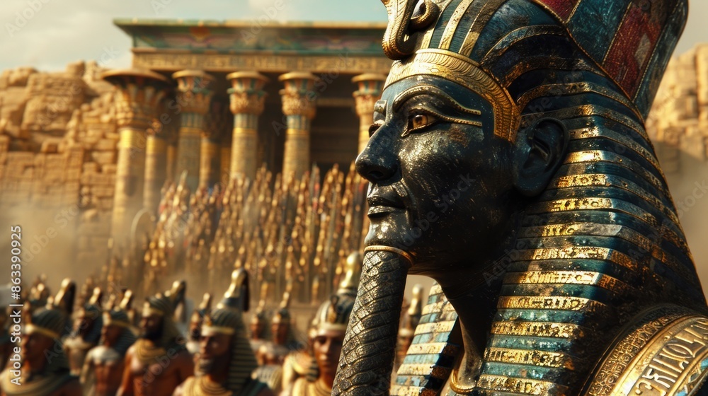 A statue of an Egyptian pharaoh stands in front of a large group of ...