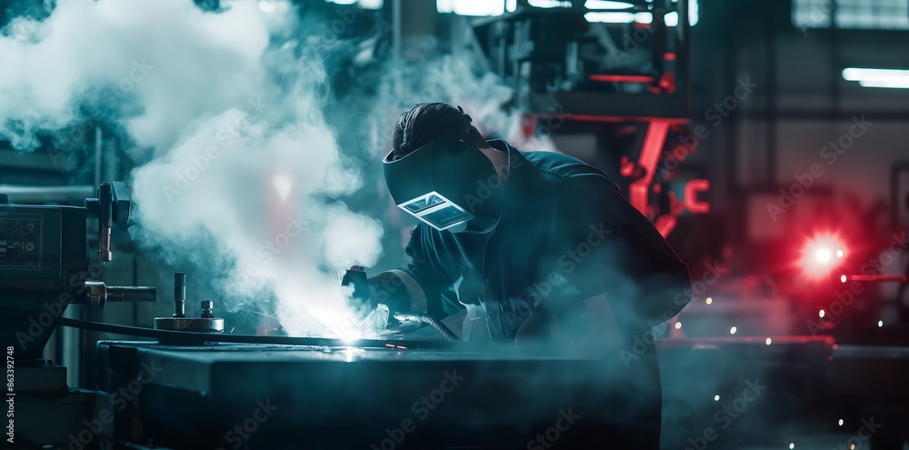A worker is welding in the workshop, smoke from sparks and bright light ...