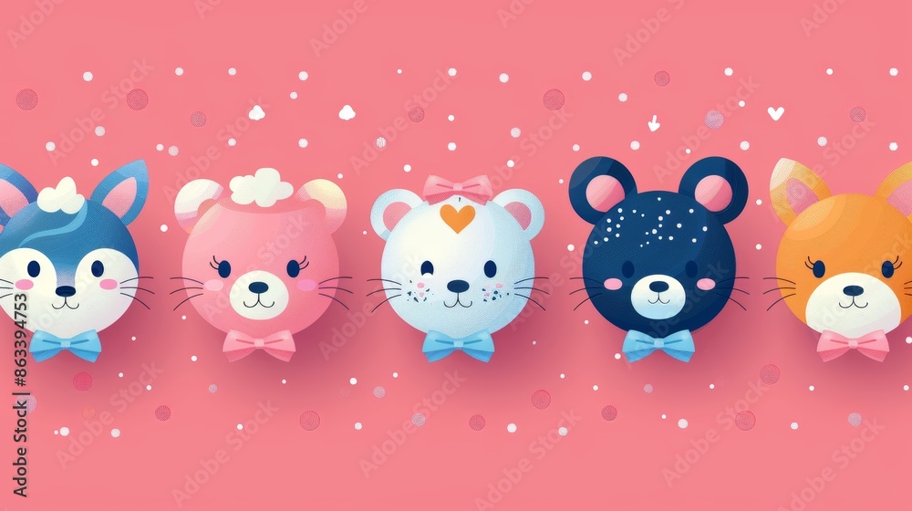 Five cute cartoon animals with blue bow ties in a row on a pink ...