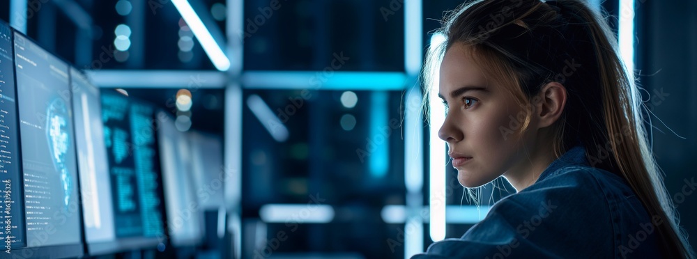 female cyber security analyst analysing AI cyberspace threats on ...