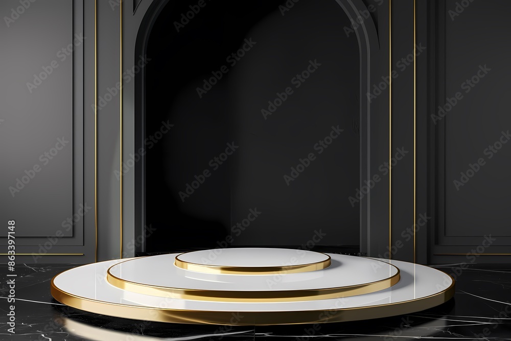 Elegant black and gold podium with three tiered platforms in front of ...