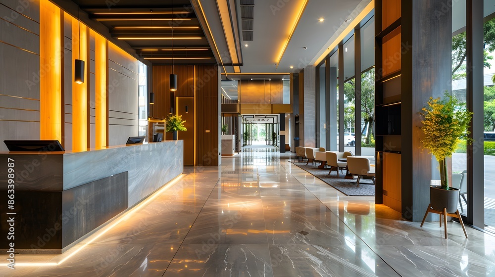 Interior of a hotel lobby with reception desks with transparent covid ...