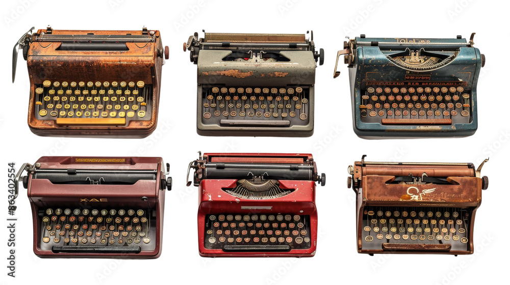 Six vintage typewriters in various colors. The typewriters are arranged ...