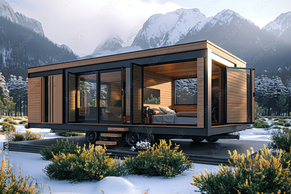 Modern Modular Tiny Wooden Home on Wheels with Sliding Doors and Big ...