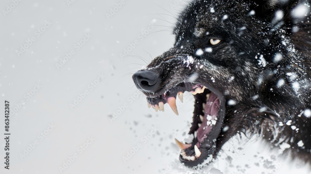 Snarling black wolf in a dramatic close-up, frosty breath visible in ...