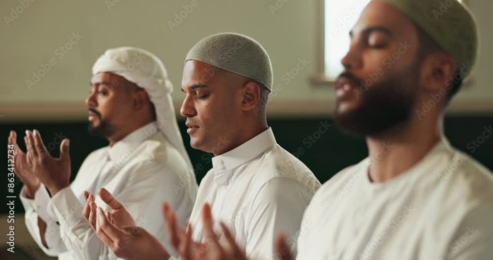 Islamic, men and praying in group at Mosque for peace, faith or ...