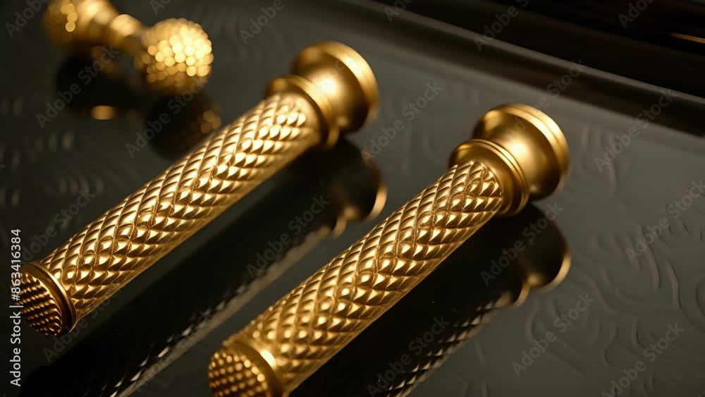 A set of polished brass drawer handles each featuring a raised diamond ...