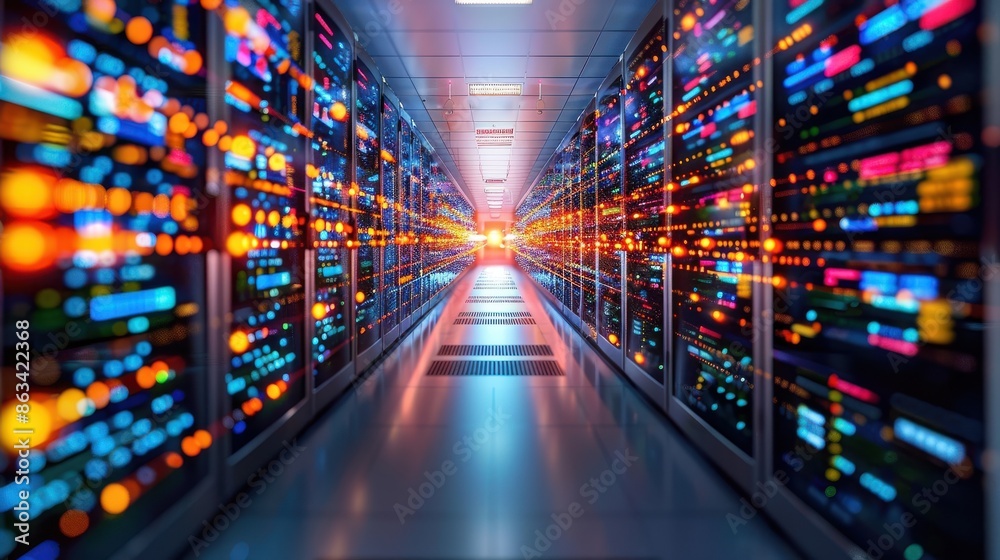Conceptual image of AI algorithms processing big data in a high-tech server room, signifying ...