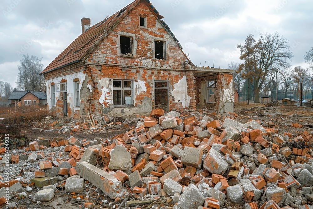 An old house with severe structural damage characterized by fallen ...