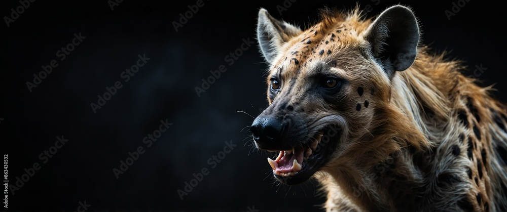 fierce hyena on plain black background banner with copy space Stock ...