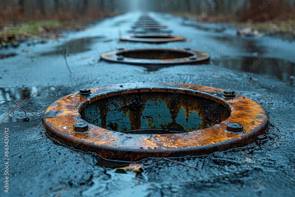 An evocative photograph showing a series of manhole covers aligned on a ...