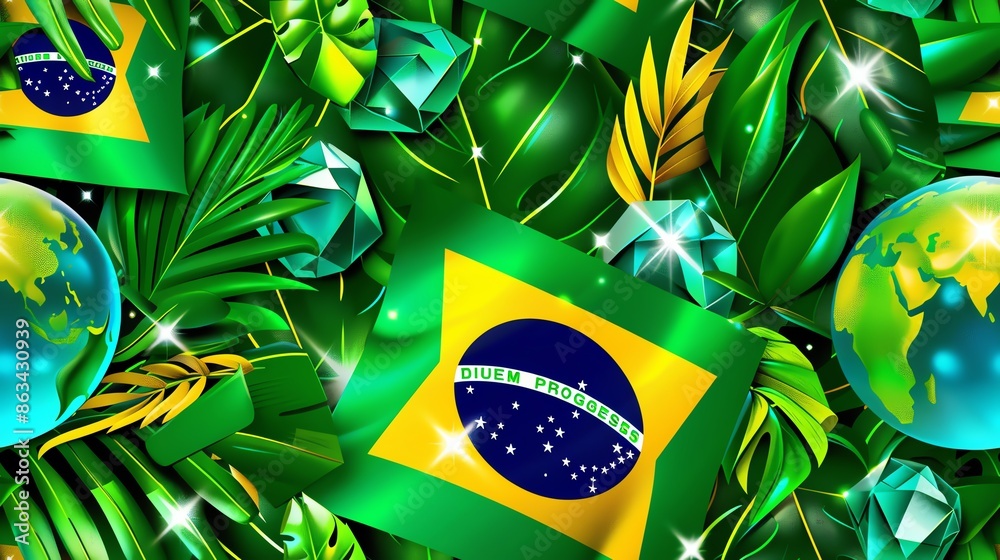 Seamless pattern of the Brazilian flag in a handdrawn style, depicting ...