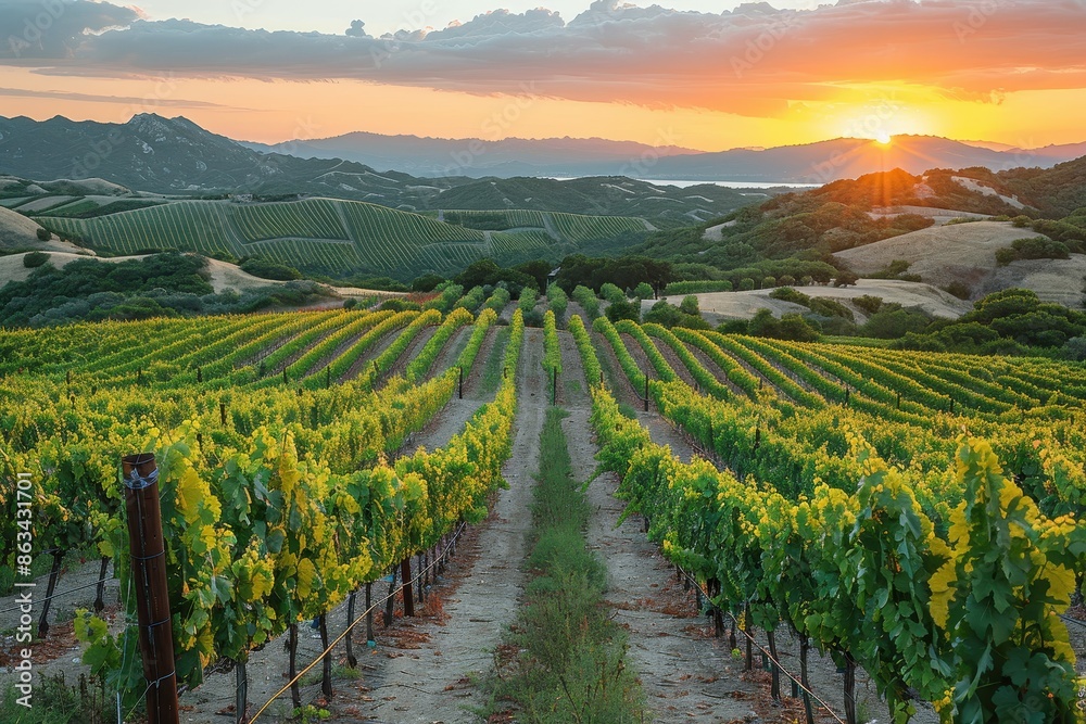 A stunning sunset over a vast vineyard landscape, casting a warm glow ...