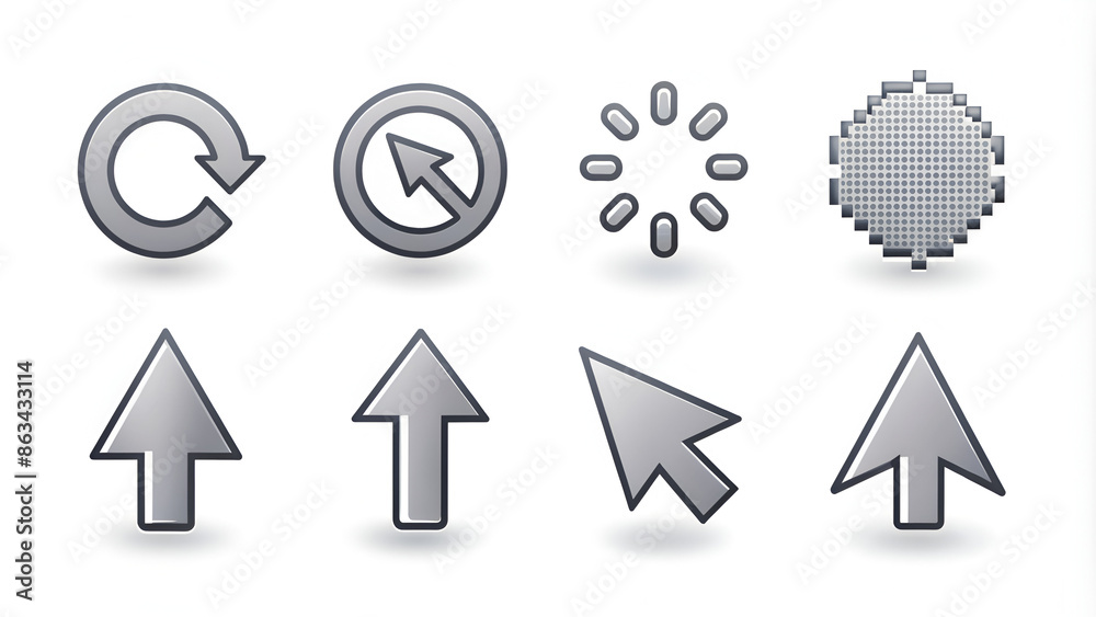 Computer mouse click cursor gray arrow icons set and loading icons. Cursor icon. Mouse click ...