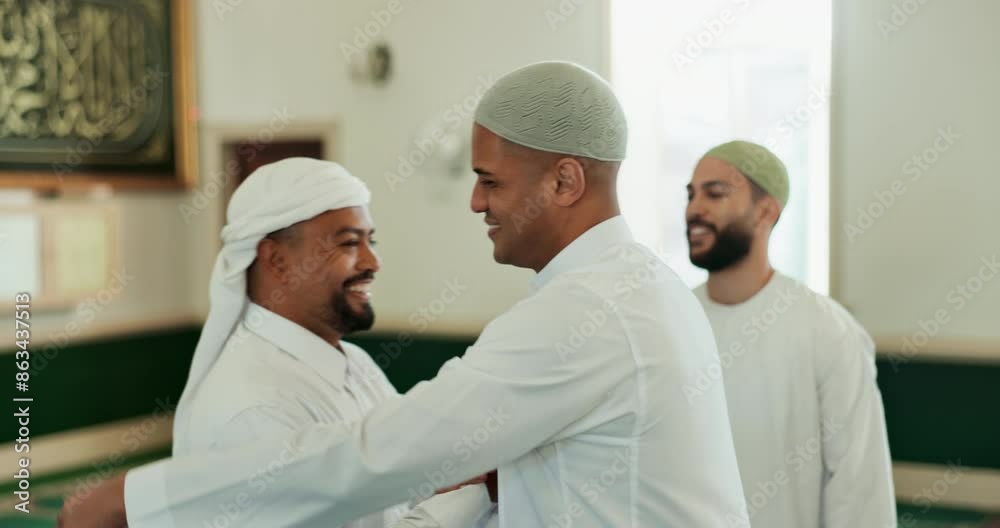 Muslim, greeting and friends hug in mosque for community, support and ...