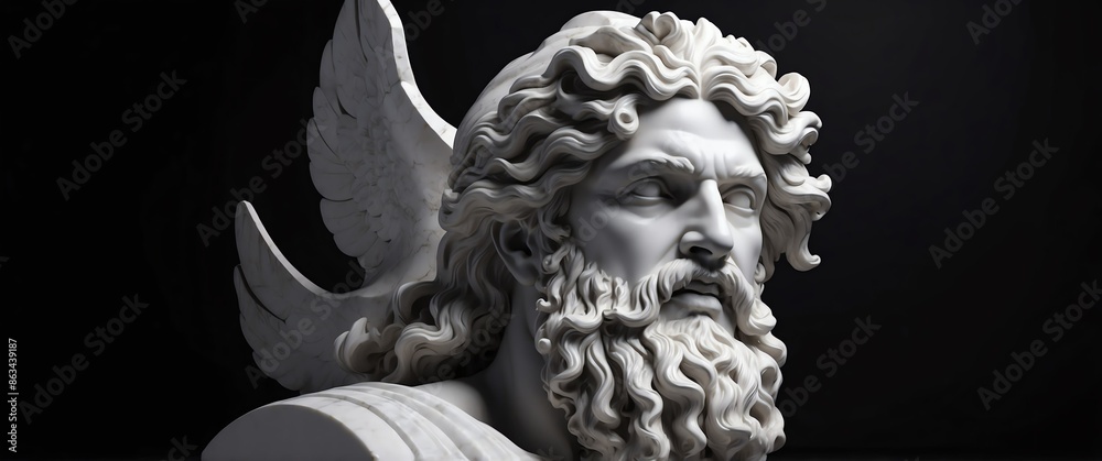 marble zeus head statue on plain black background banner with copy ...