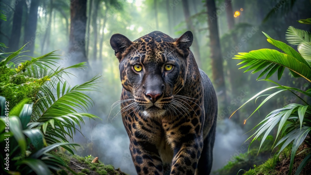 Fierce black predator, eyes fixed intently, stands motionless amid ...