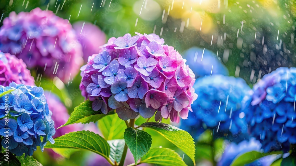 Beautiful hydrangea flowers blooming in the rain during the rainy ...