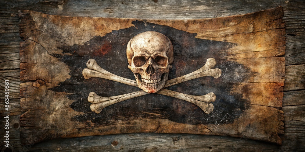 Skull and crossbones pirate flag with distressed, weathered look ...