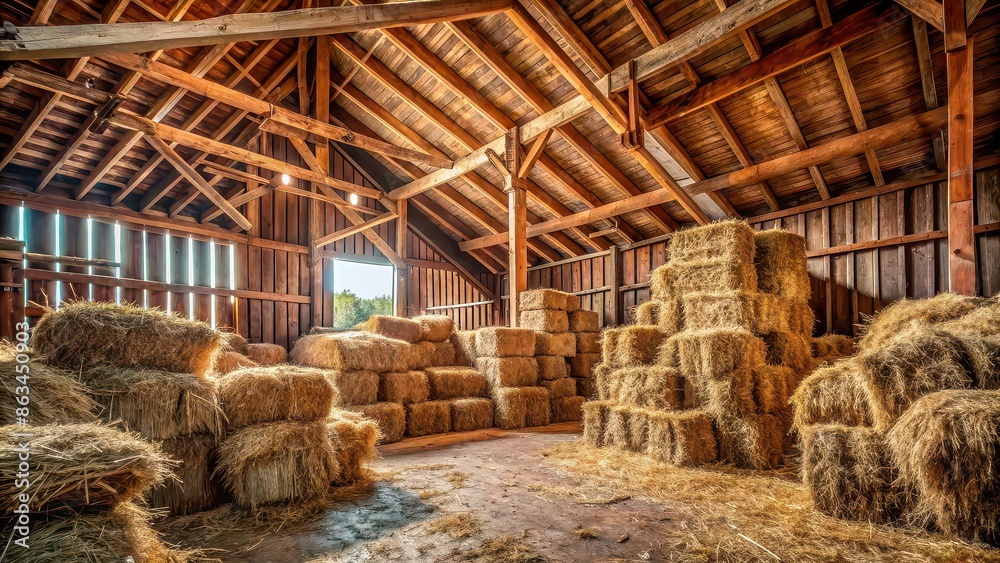 Dry hay stacks in a rustic wooden barn interior on the farm, hay ...