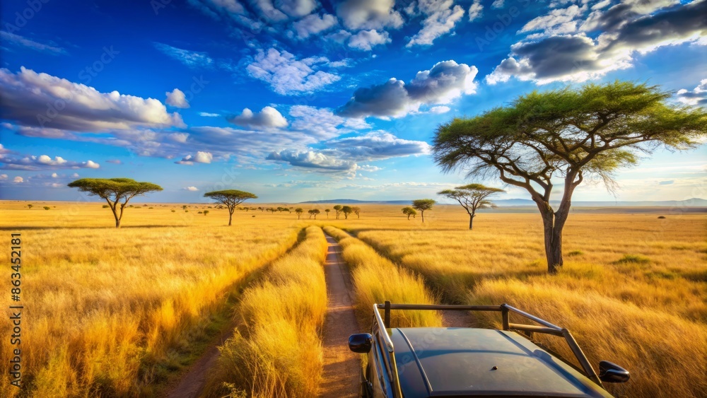 Sunny african savannah landscape viewed from inside open-top safari ...