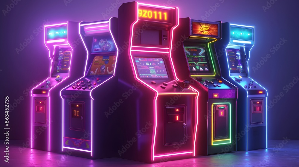 Arcade game cabinets and screens with vivid neon LED lights., isolated ...