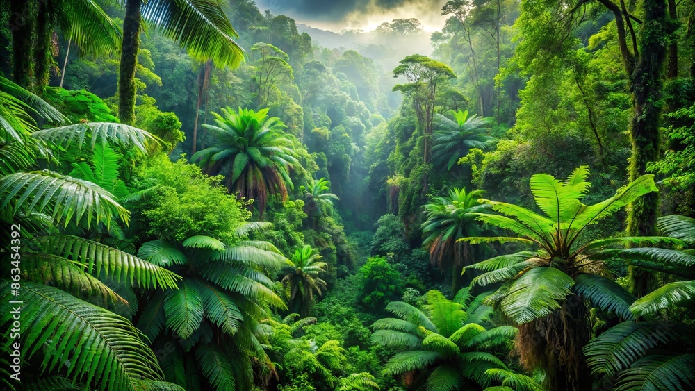 ภาพประกอบสต็อก Dense, vibrant, and majestic lush green rainforest with ...