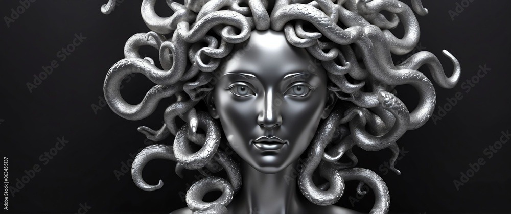 silver medusa head statue on plain black background banner with copy ...