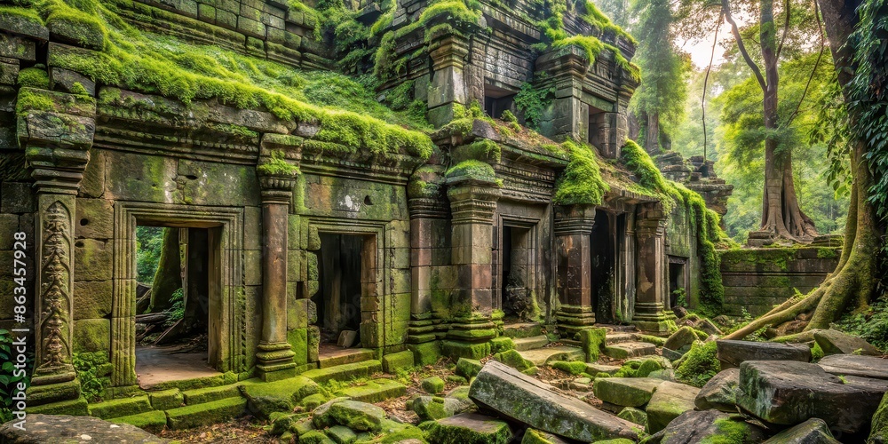 Ruined temple covered in vines and moss , ancient, abandoned ...