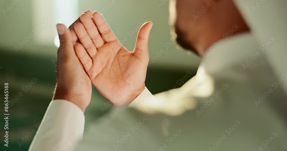 Muslim, man and open hands in Mosque for dua, gratitude or Palestine ...