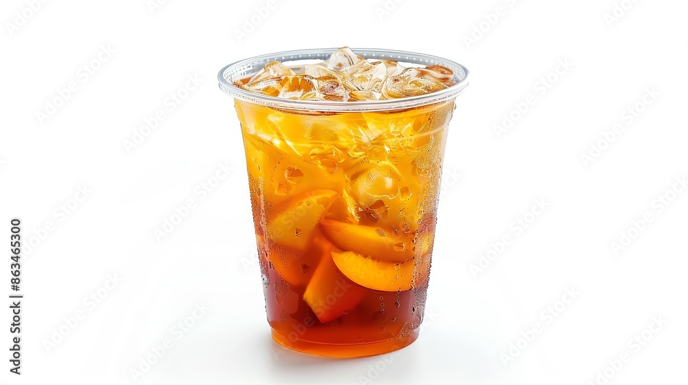 Clear plastic cup filled with Iced Peach Tea and a lid, isolated white ...