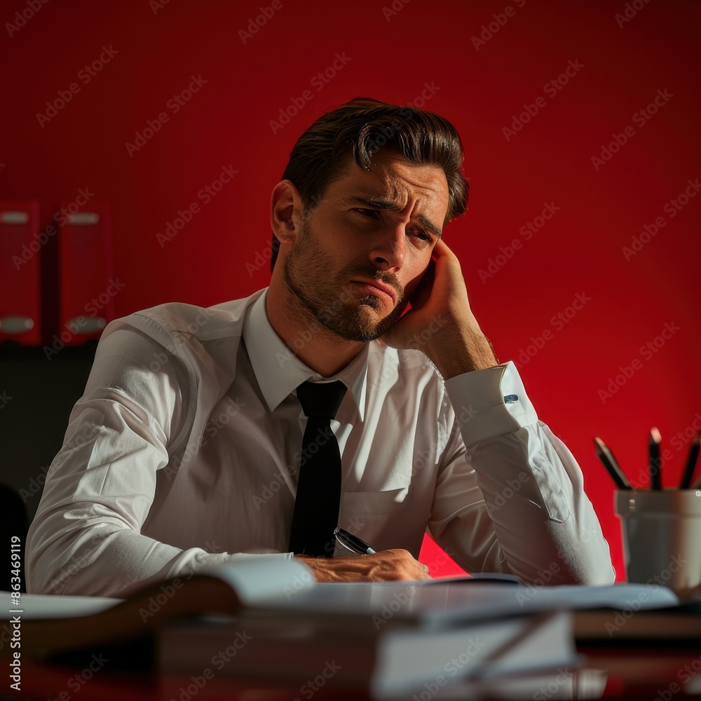 Businessman looking stressed and thoughtful at an office desk with a ...