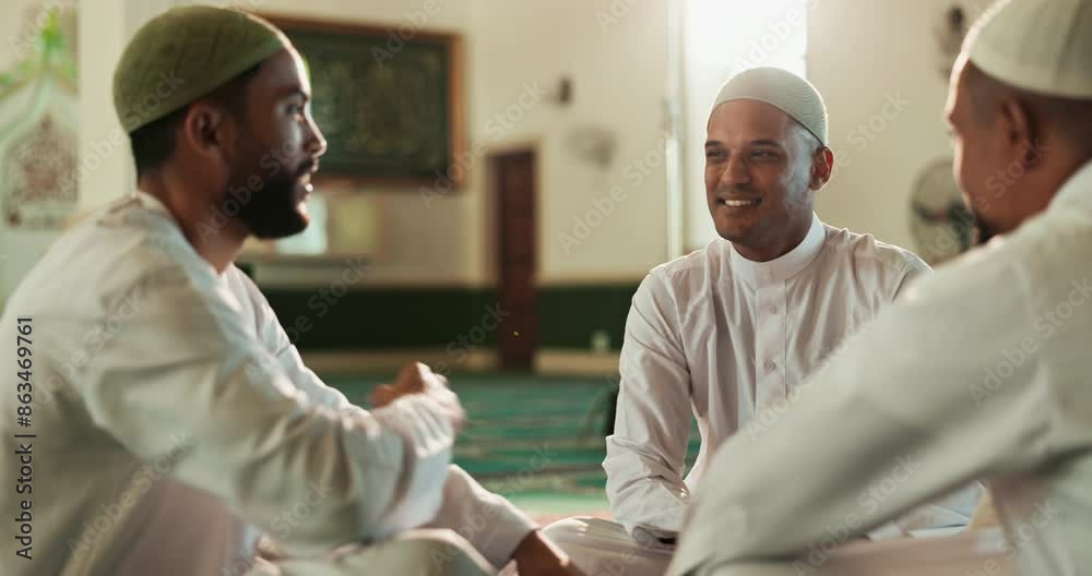 Handshake, religion and respect with Muslim men in Mosque together for ...