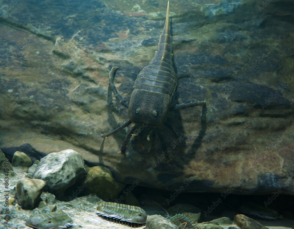 An illustration of the extinct eurypterid Kokomopterus hunting ...