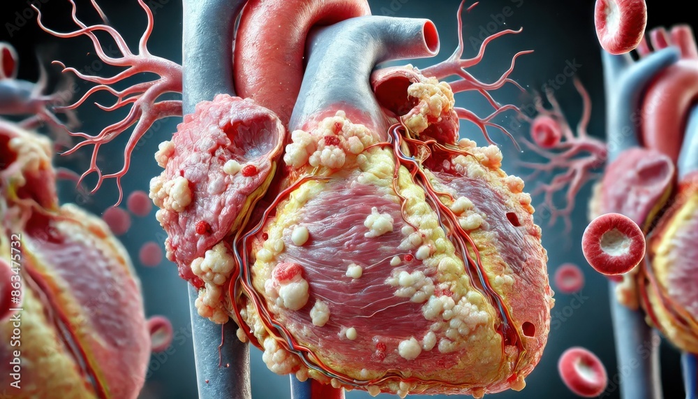 Detailed 3D Visualization of Human Heart with Atherosclerosis: Medical Illustration of Coronary ...