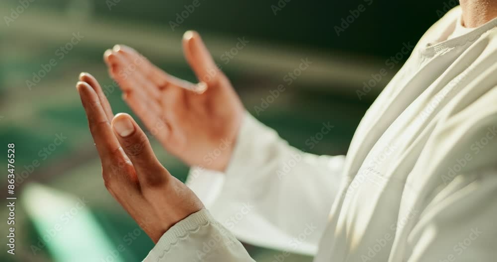 Allah, person or open hands in Mosque for prayer, praise or Palestine ...