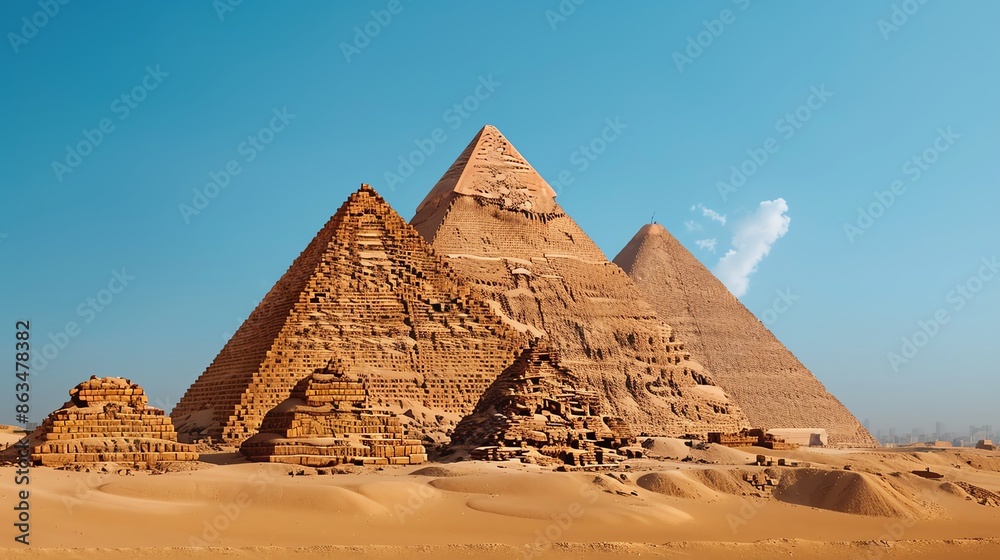 Closeup of the pyramids of Giza under a bright blue sky, Pyramids of ...