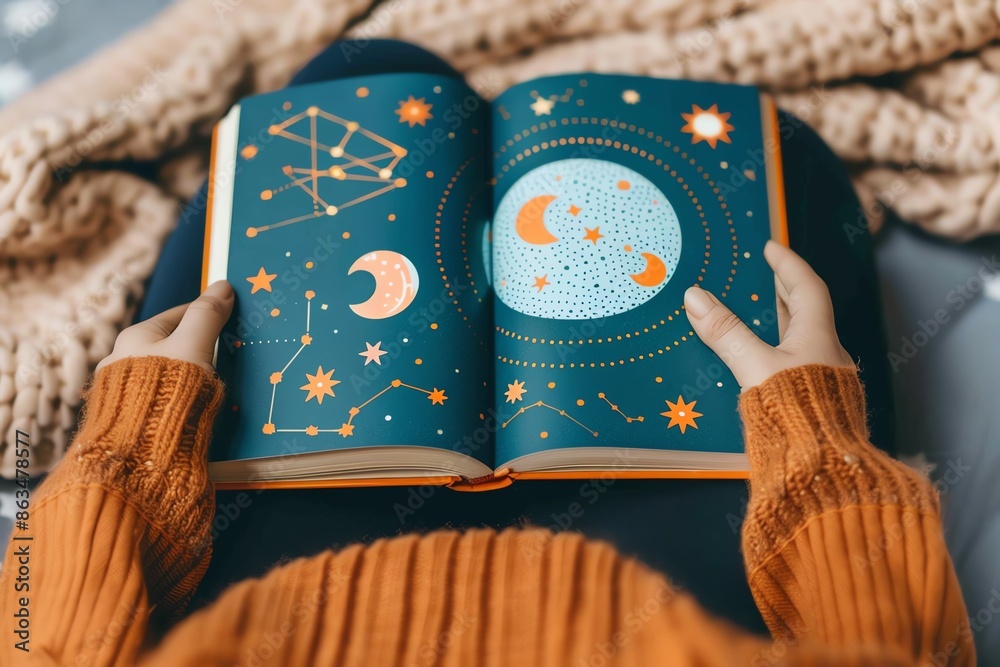 Person reading an astrology book with star charts and zodiac signs ...