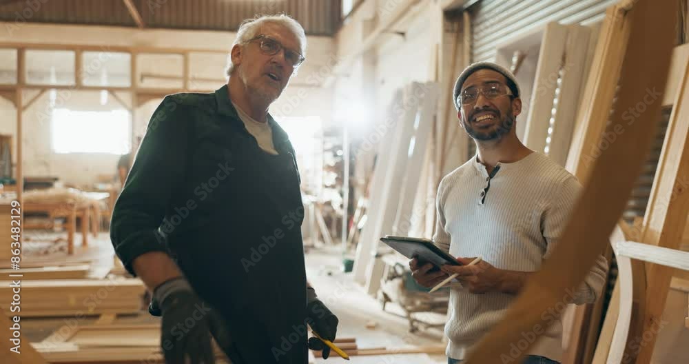 Man, carpenter and workshop with team high five, good job and artisan ...