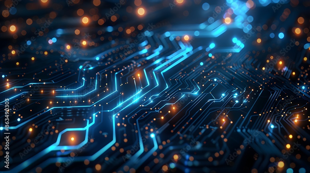 Abstract tech background with illuminated fiber optic connections, quantum computing network ...