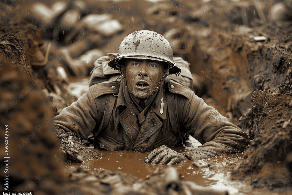 WWI Soldier in Muddy Trench with Helmet and Overalls Crying Lest We ...
