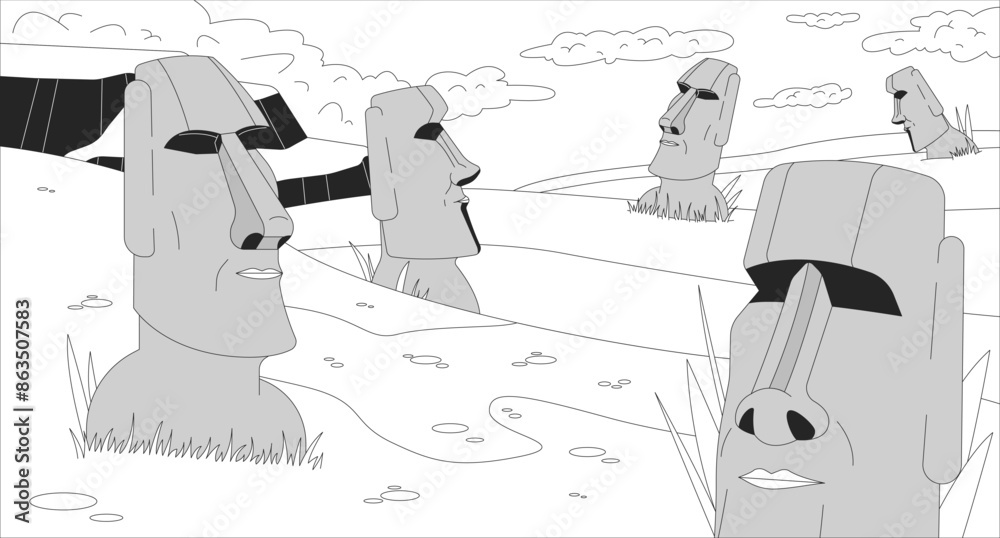 Easter island Moai statues black and white line illustration ...