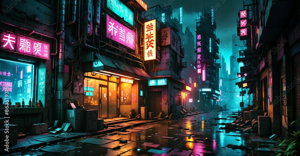 cyberpunk futuristic dystopian city street strip with shops, stores ...