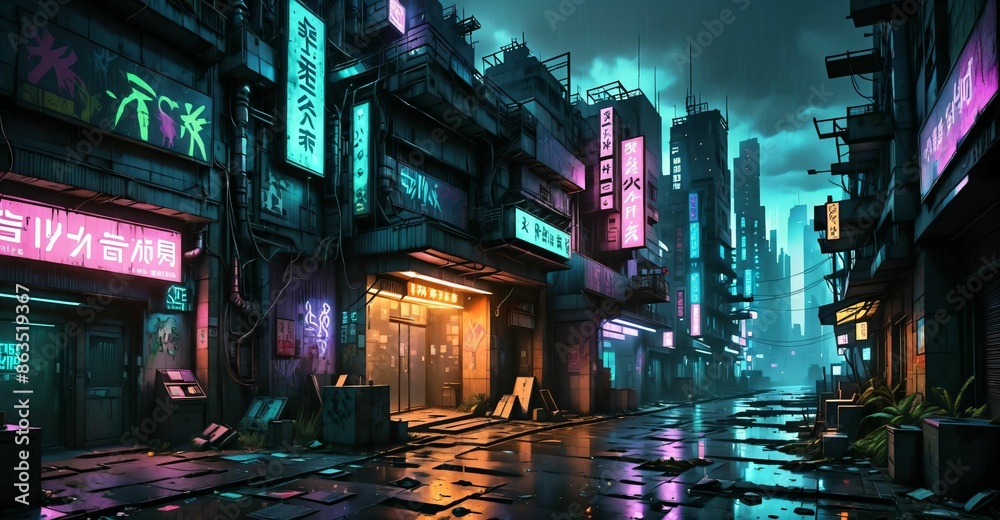 cyberpunk futuristic dystopian city street strip with shops, stores ...