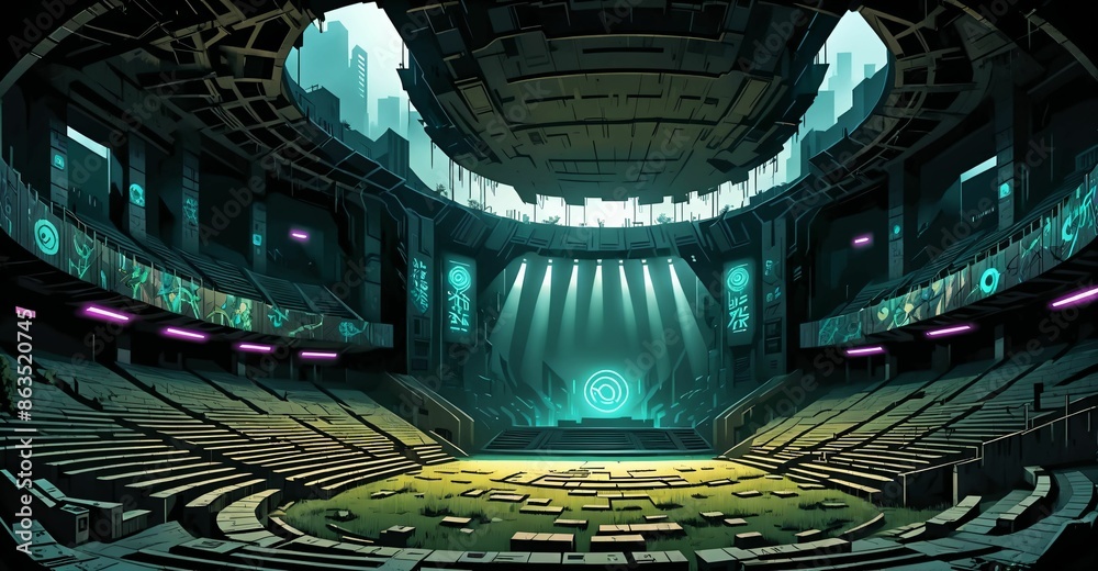 stage in abandoned auditorium building stadium. amphitheater theatre ...