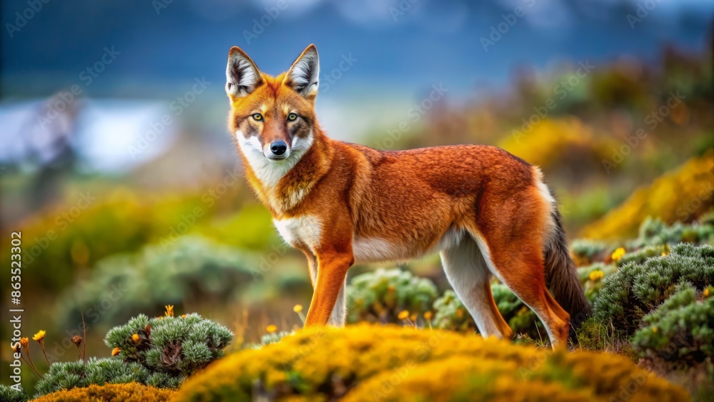 Majestic ethiopian wolf, canis simensis, with rusty-red fur and ...